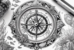 Scary Pirate themed compass surrounded by marine animals tattoo idea ...