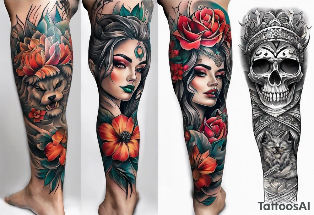 Full leg tattoo from hip to foot, straight design tattoo idea | TattoosAI