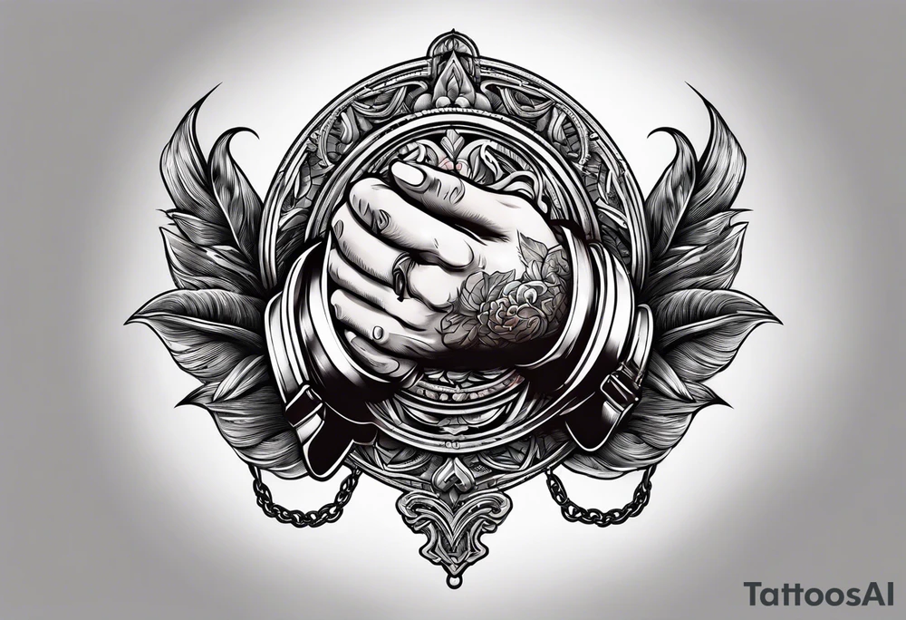 Praying hands with hand cuffs tattoo idea | TattoosAI