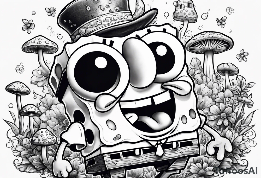 Spongebob taking psychedelic mushrooms tattoo idea | TattoosAI
