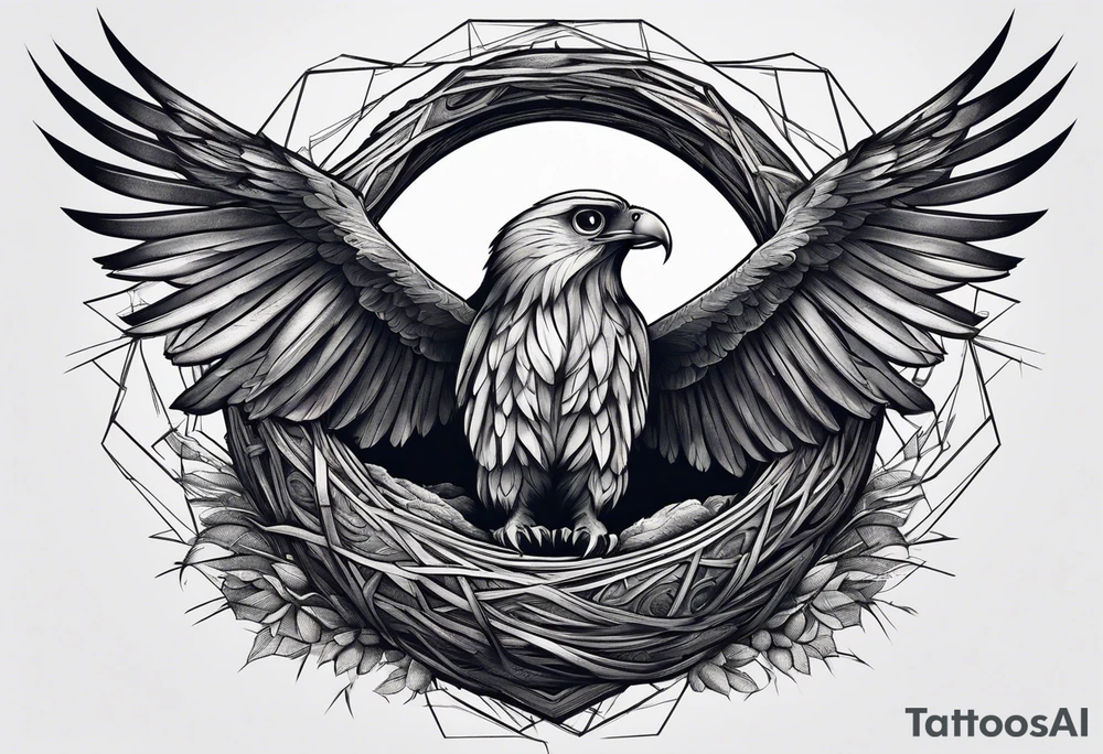 Owl, raven, eagle cuddled in a nest, birdseye view tattoo idea | TattoosAI