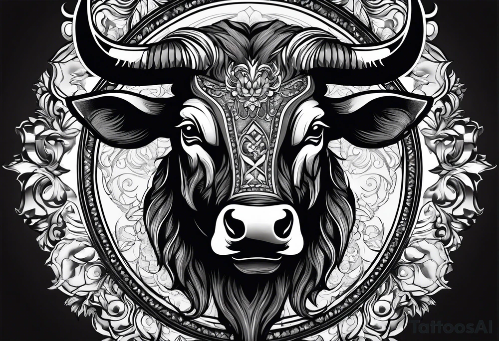 Evil, scary bull with horns surrounded by fill work for back tattoo ...
