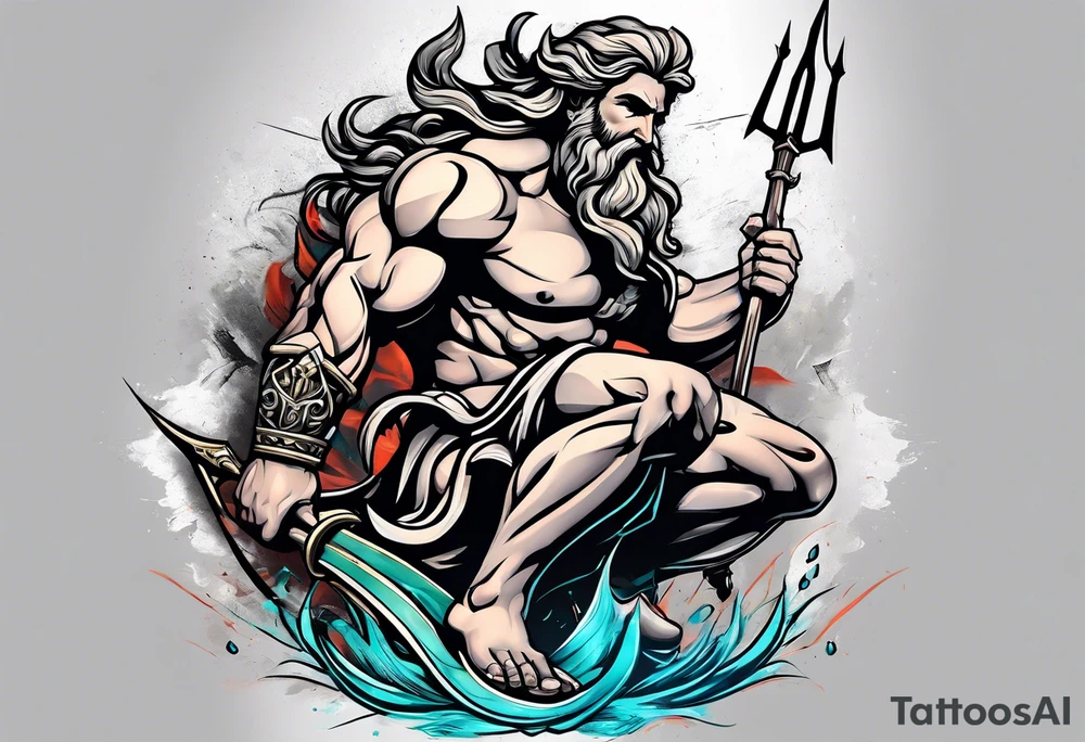 Poseidon with arrows in his back, full of anger and pain kneeling on ...