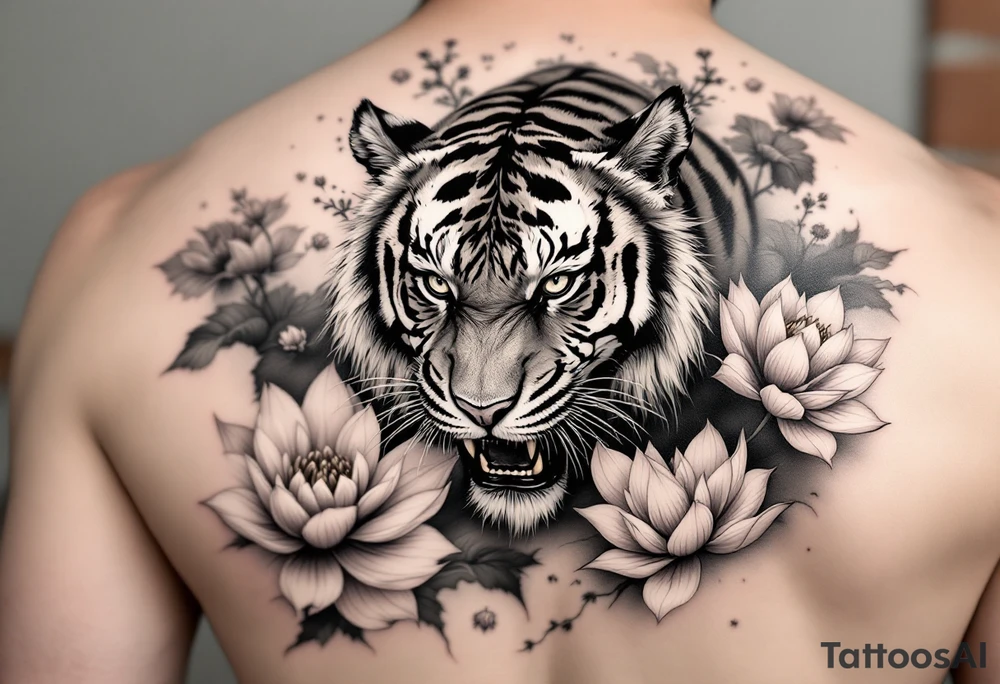 Fierce tiger emerging through blooming lotus flowers in mist tattoo ...