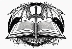 An empty open book with a sword through it, dragonwings and sparks ...