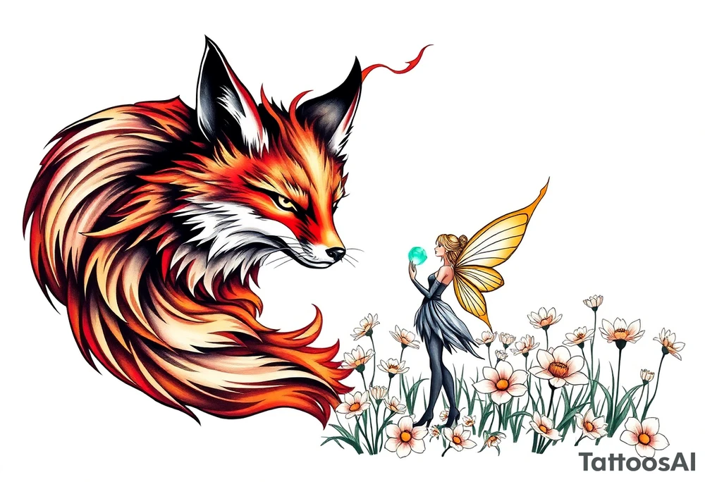 Fox made of fire with a fairy standing close to it holding a emerild ...