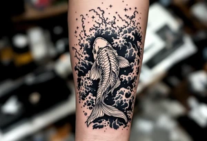 Traditional koi fish swimming upstream through turbulent waves tattoo ...