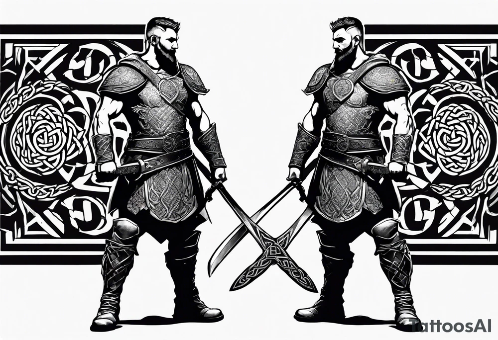 Full body side profile of Celtic warrior with short hair, a sword in ...