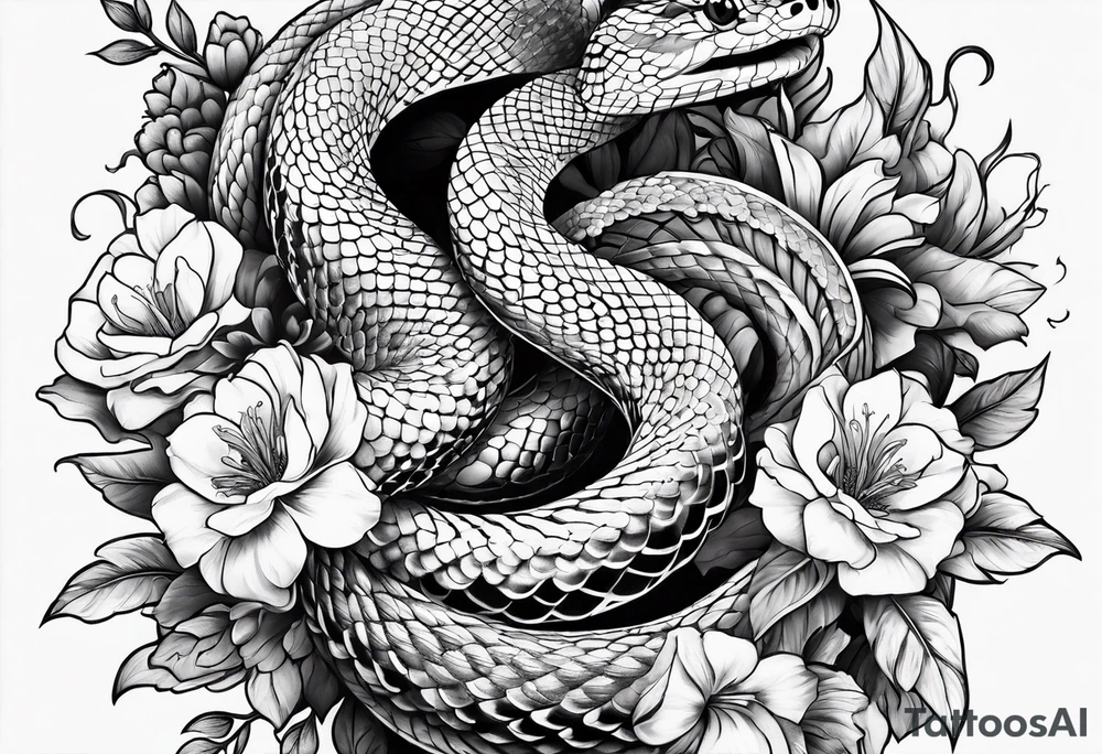 A snake wrapped around flowers tattoo idea | TattoosAI
