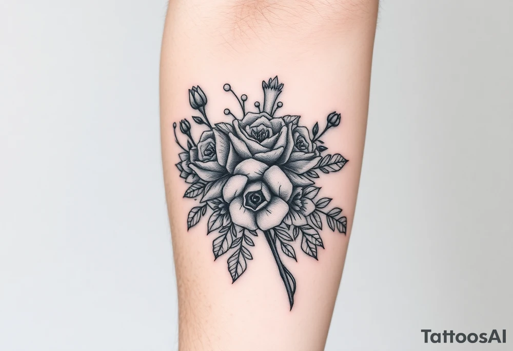 Vintage bouquet of wild roses and meadow flowers with morning dew tattoo idea | TattoosAI