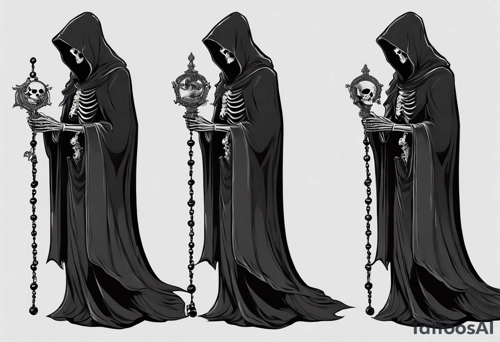 The grim reaper standing from a side profile praying with a rosary ...