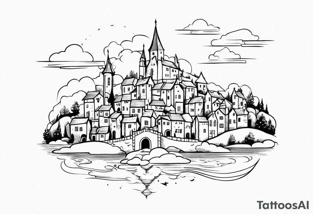 Cloud medieval town tattoo idea | TattoosAI