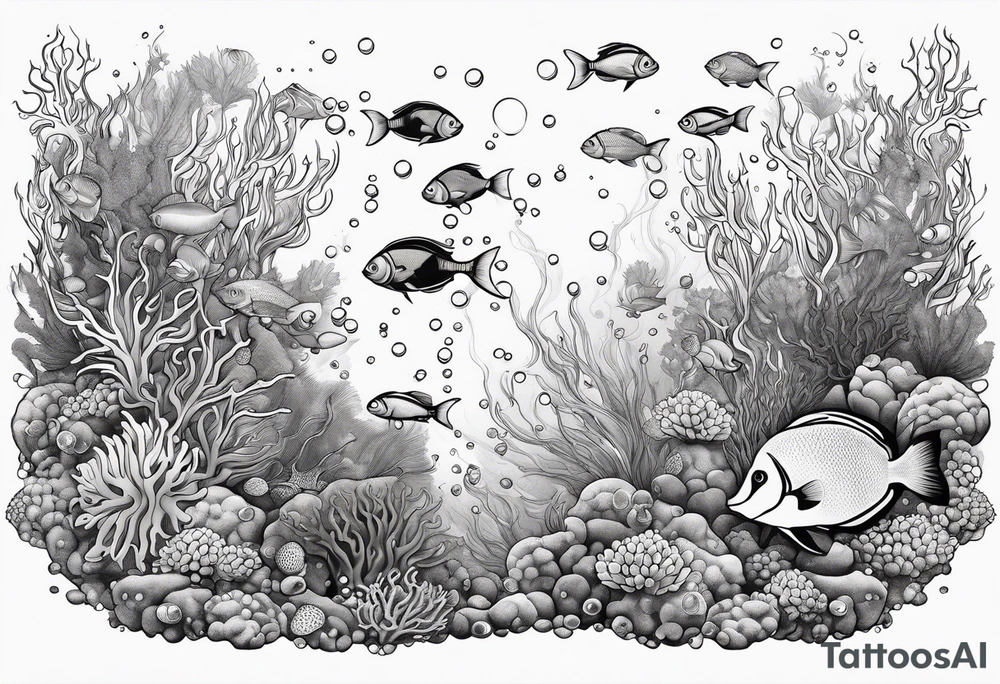 Underwater coral reef with bubbles and fish tattoo idea | TattoosAI