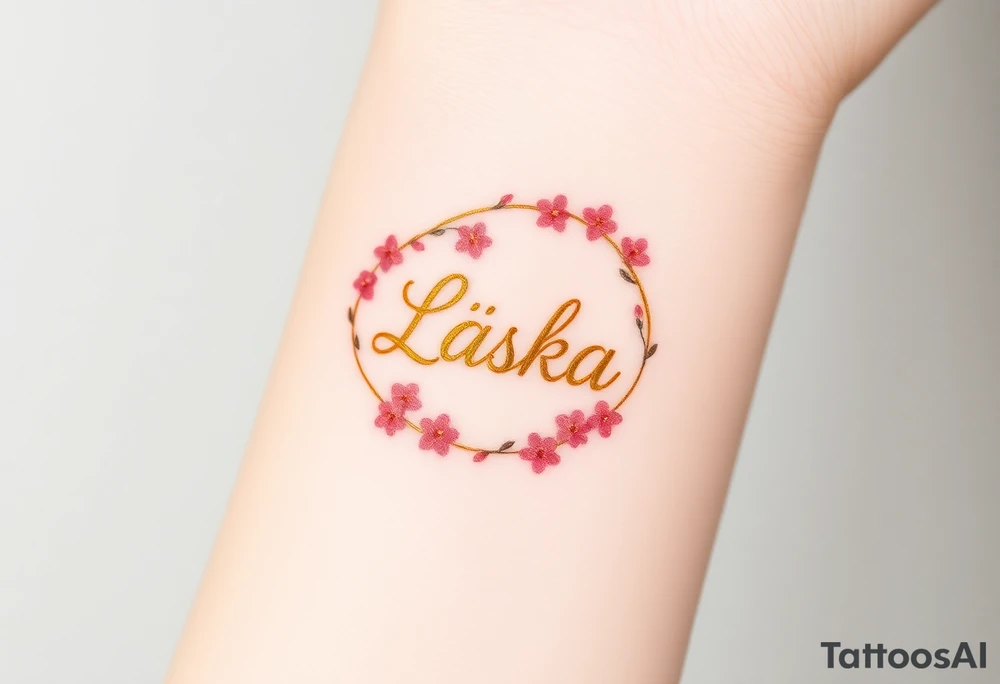 A golden infinity loop with tiny cherry blossoms surrounding the word ...