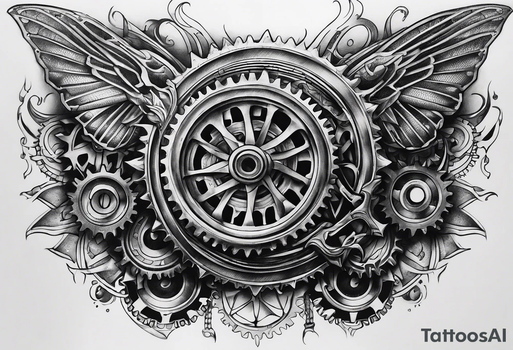 Chest tattoo, someone has pulled back the skin to reveal a bicycle gear ...