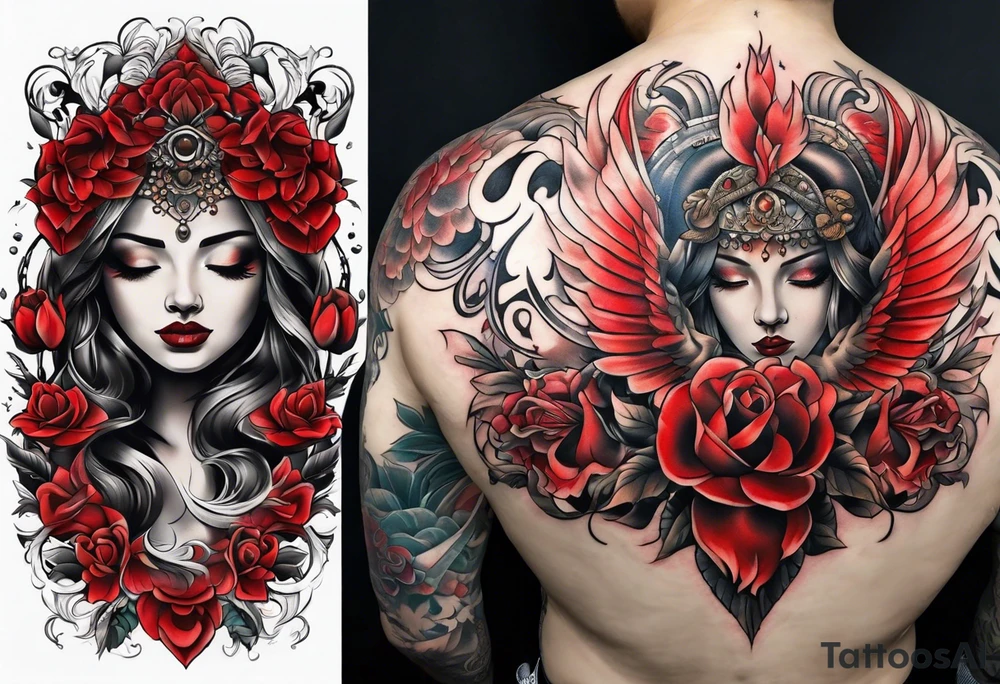 Red full body tattoo on the back from top to bottom tattoo idea | TattoosAI