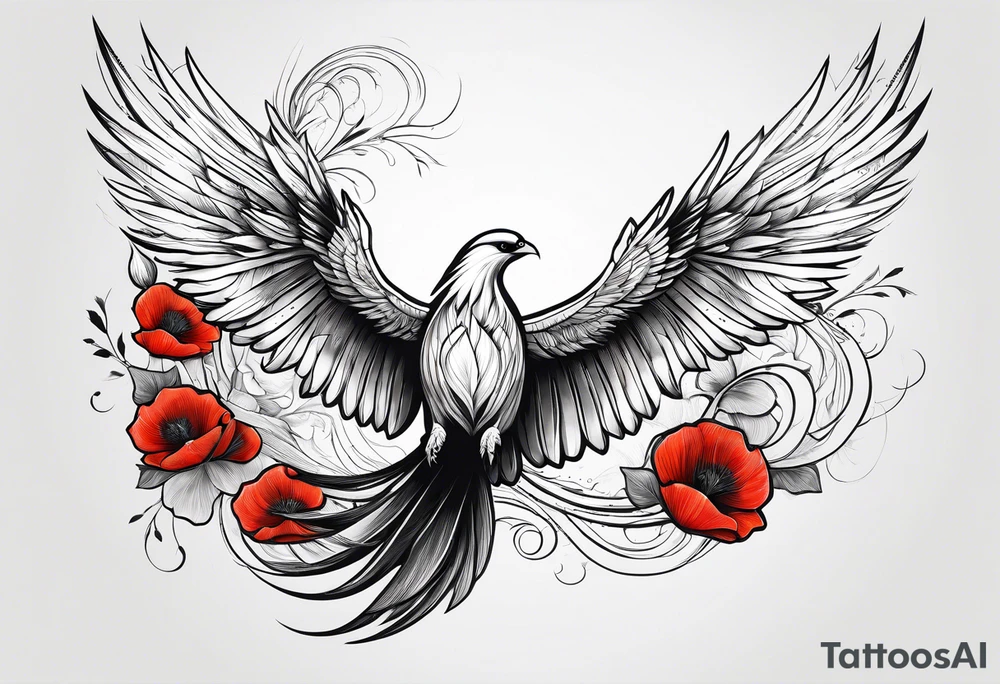 Elongated phoenix in flight in profile long tail with claws holding ...