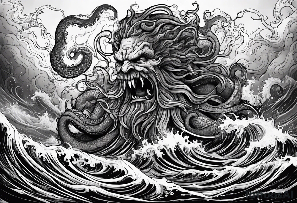 Kraken tentacles grabbing Poseidon thrusting trident into monster deep ...