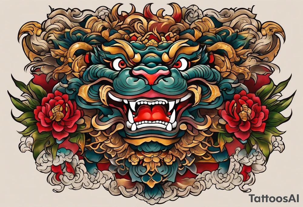 Double chest piece, done in Neo Japanese style of Okinawa shisa. On one ...