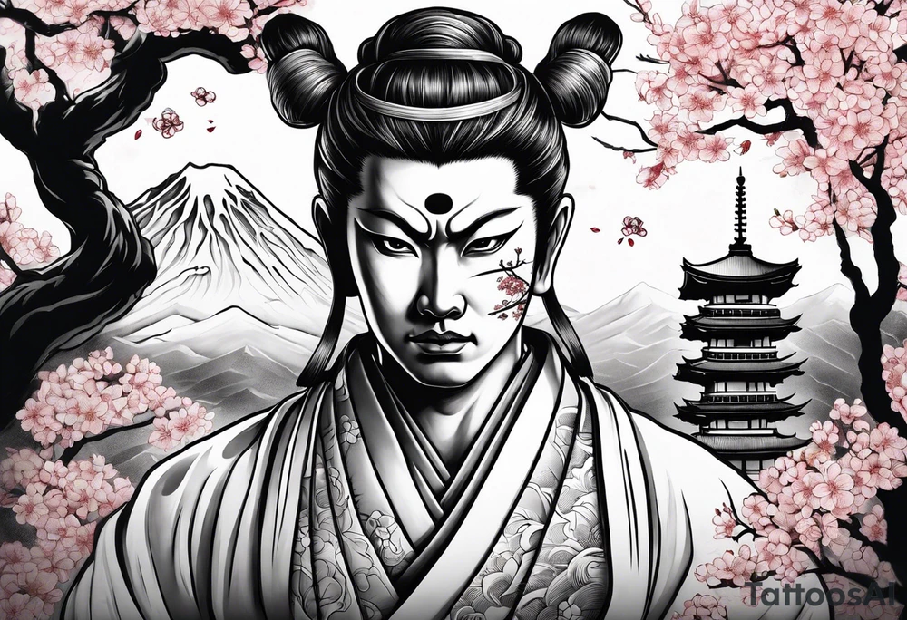 Japanese evil spirit with japan and cherry blossom trees in the ...