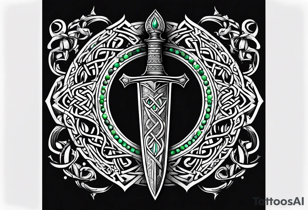 A Celtic dagger with an oak hilt turned upright and emerald gemstones ...