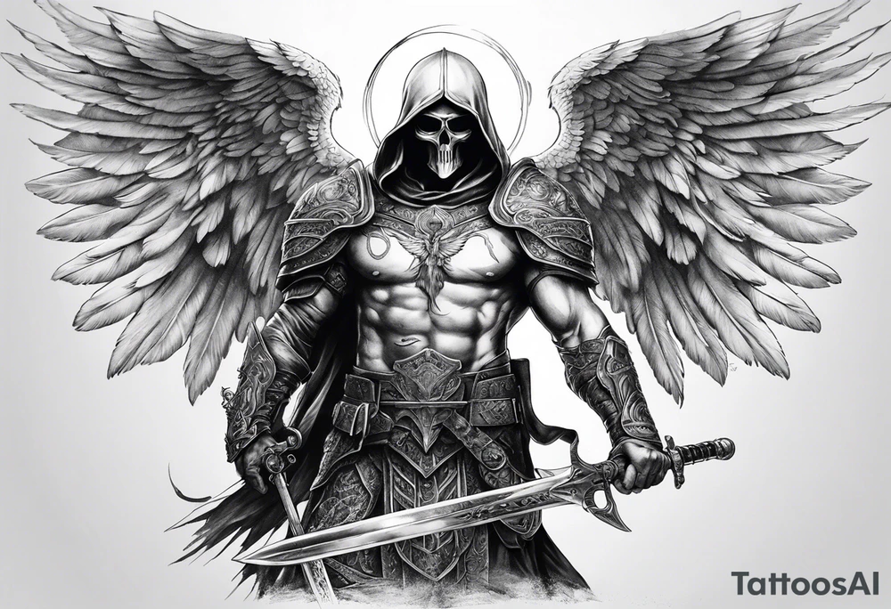 Realistic full body of man angel of death, without face, with armour ...