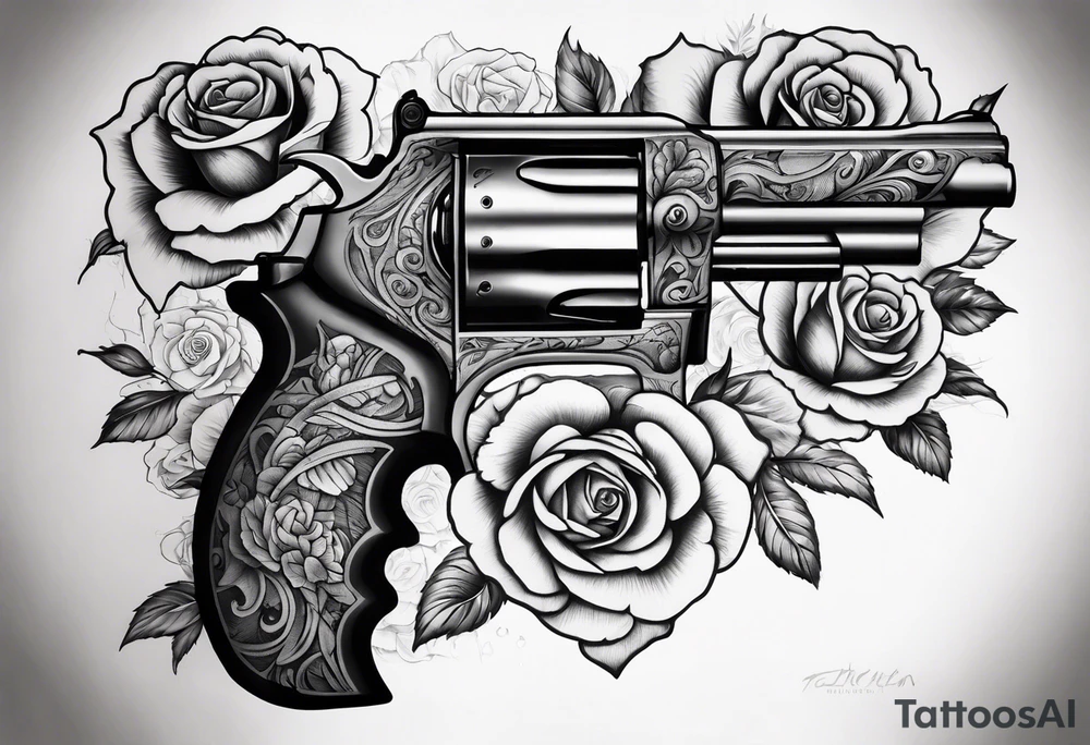 Sleeve tattoo showing a intricately decorative revolver shooting out a ...