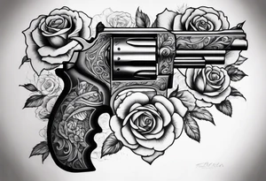 Sleeve tattoo showing a intricately decorative revolver shooting out a ...