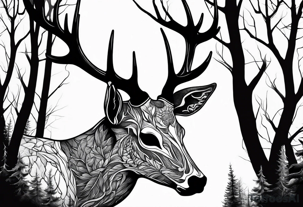 A side profile of decayed deer skull surrounded by trees and fire ...