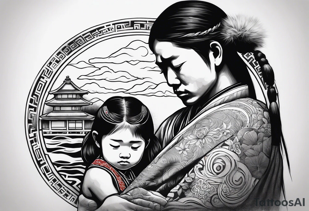 Sad little native girl with father spirit holding her tattoo idea ...