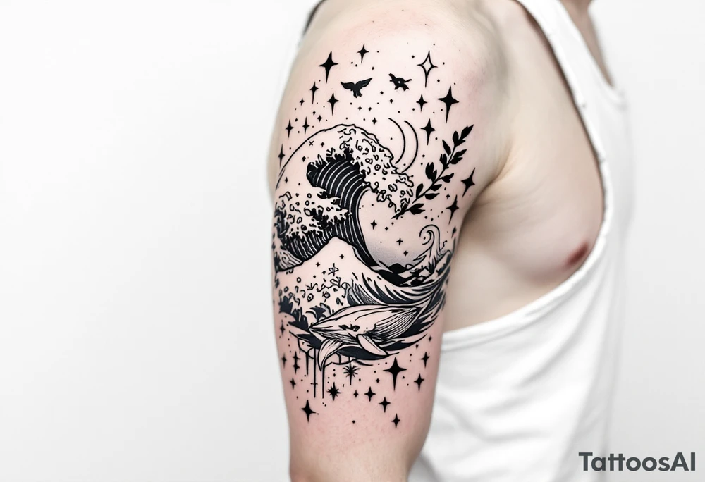 Fine line powerful ocean half sleeve with a wave, a whale and other ...