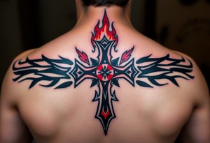 A flaming red and black Templar cross, surrounded by burning embers ...