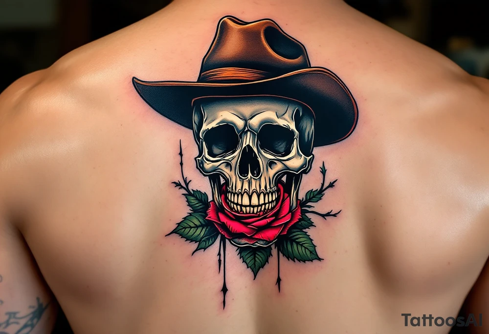 Skeleton cowboy with rose in teeth tattoo idea | TattoosAI