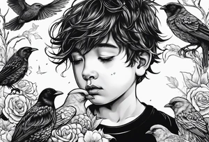 Boy crying, being attached by birds tattoo idea | TattoosAI