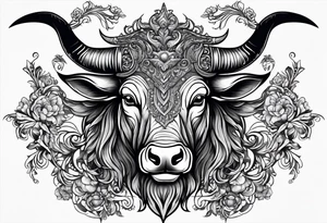 Evil, scary bull with horns surrounded by fill work for back tattoo ...