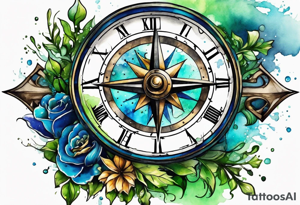 Half compass half clock with arrow and splashes of blue and green to ...