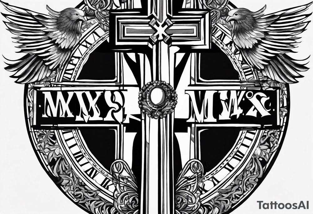 The Roman numerals 1971,1972,2002 with a cross tattoo idea | TattoosAI