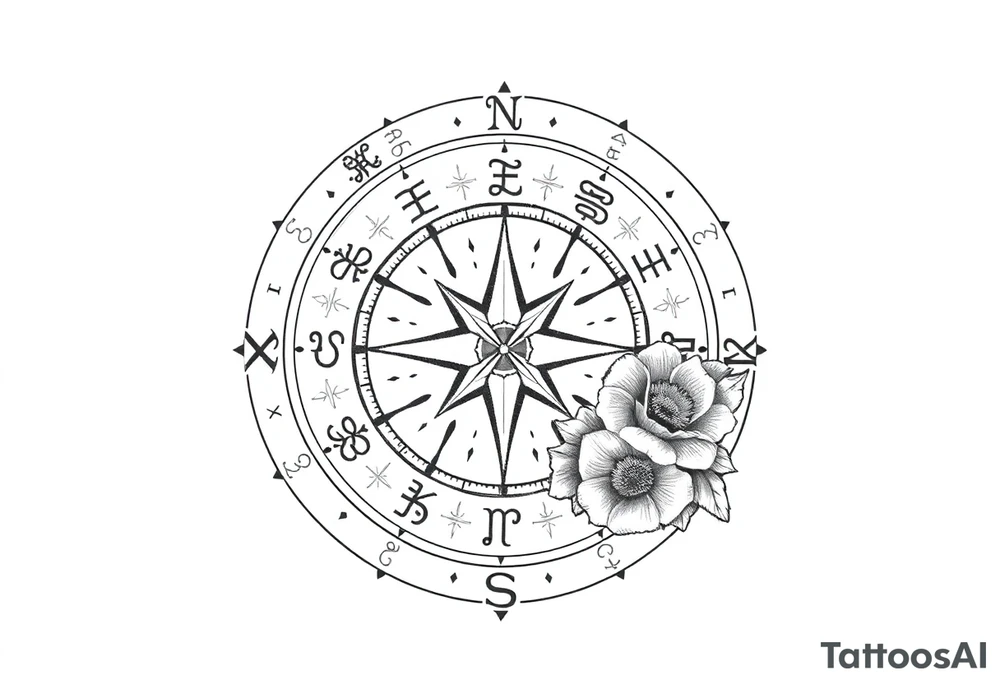 Zodiac symbols the elements and Norse runes within ornate compass with ...