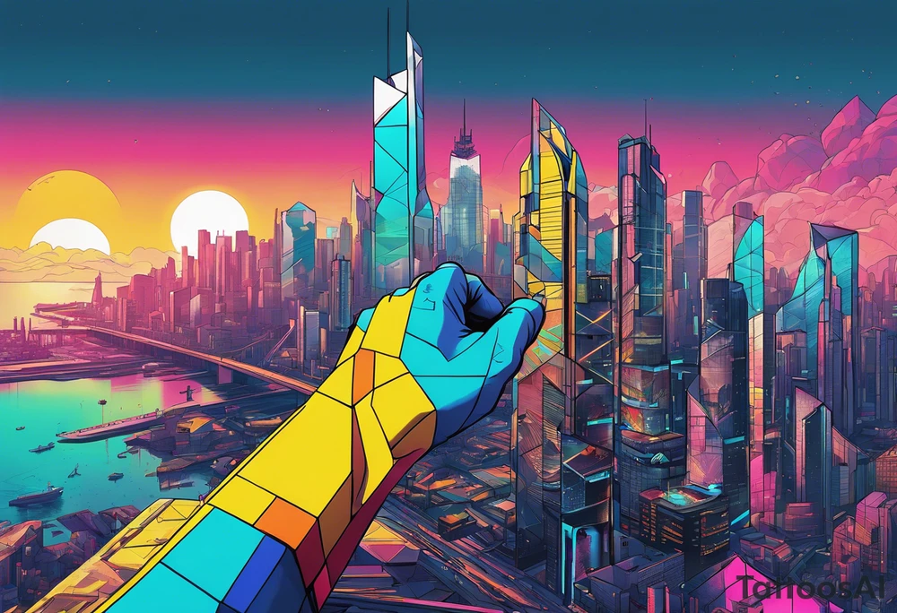 Cyberpunk 2077, forearm tattoo, geometric, subtle, men, city skyline ...