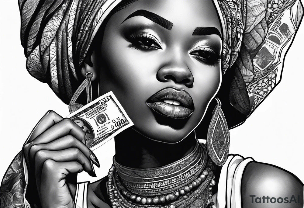 African woman biting money tattoo idea | TattoosAI