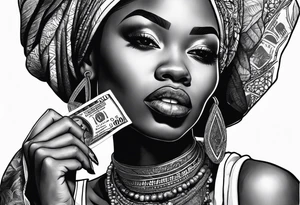 African woman biting money tattoo idea | TattoosAI