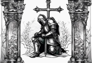 Knight kneeling before the cross of Christ tattoo idea | TattoosAI