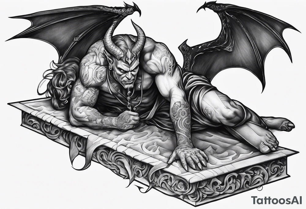 Satan full body laying down tattoo idea | TattoosAI