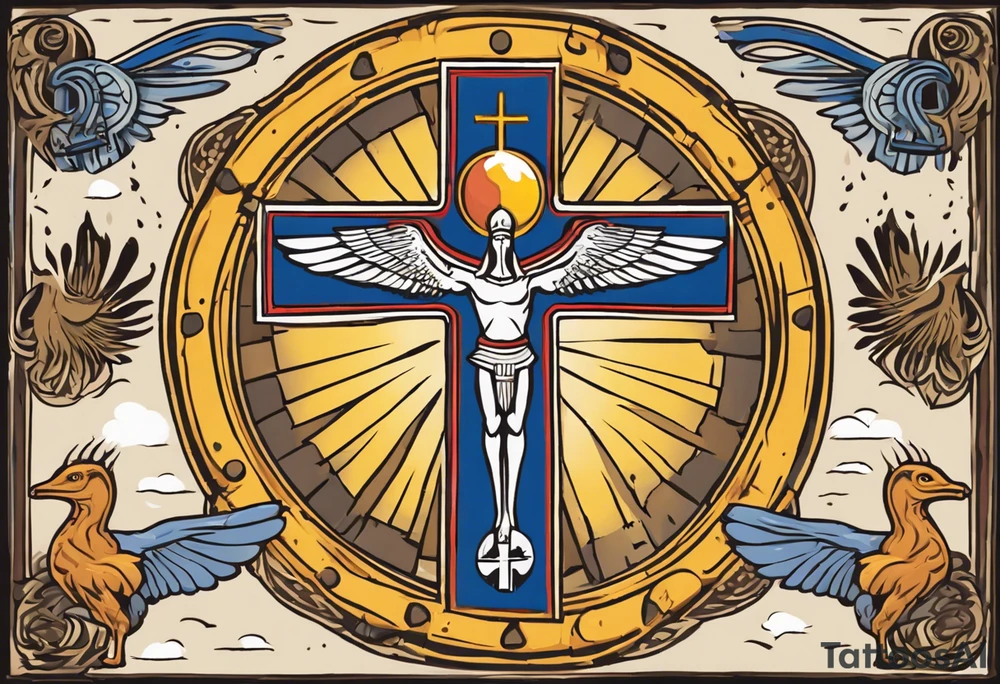 A medieval cross with an assyrian flag in the middle. A crown om top of ...