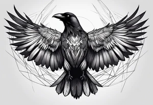 Crow with open wings, line drawing, geometric, symmetrical, without ...
