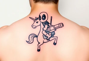 Deadpool riding cartoon unicorn holding rocket propelled grenade ...