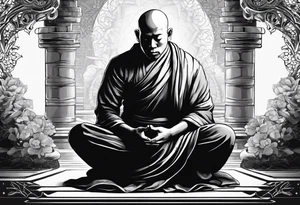 A monk sitting crossed legged on the ground, eyes closed a master ...