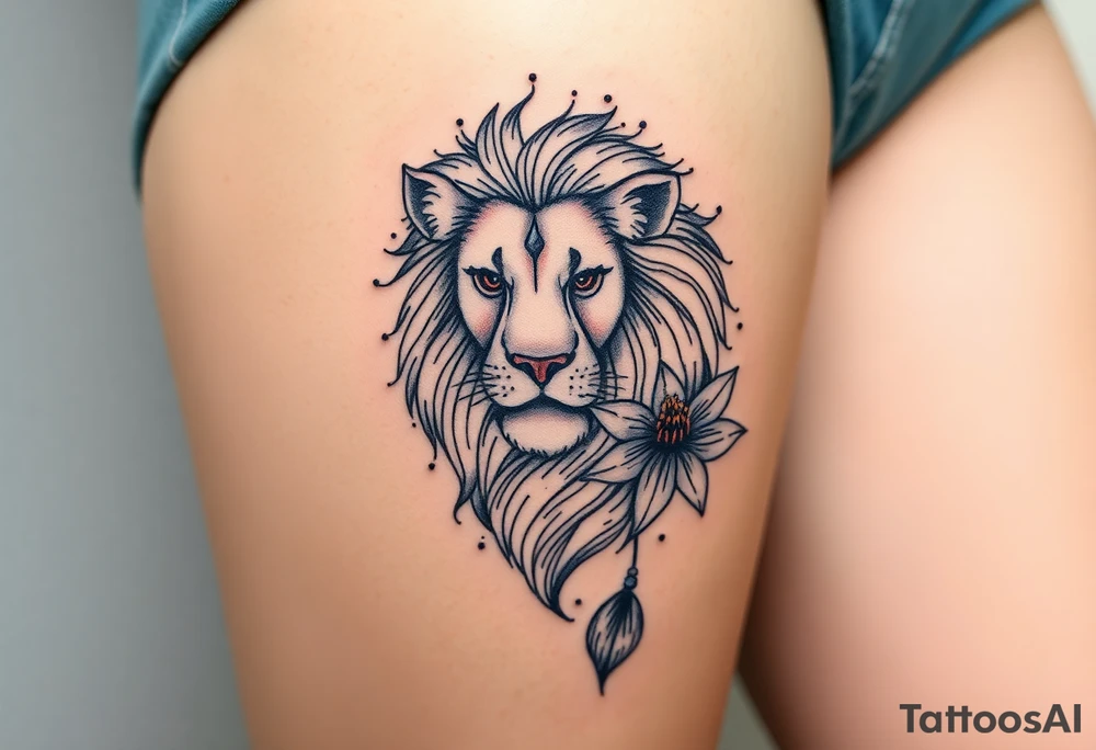 Lion with larkspur and water lilies tattoo idea | TattoosAI