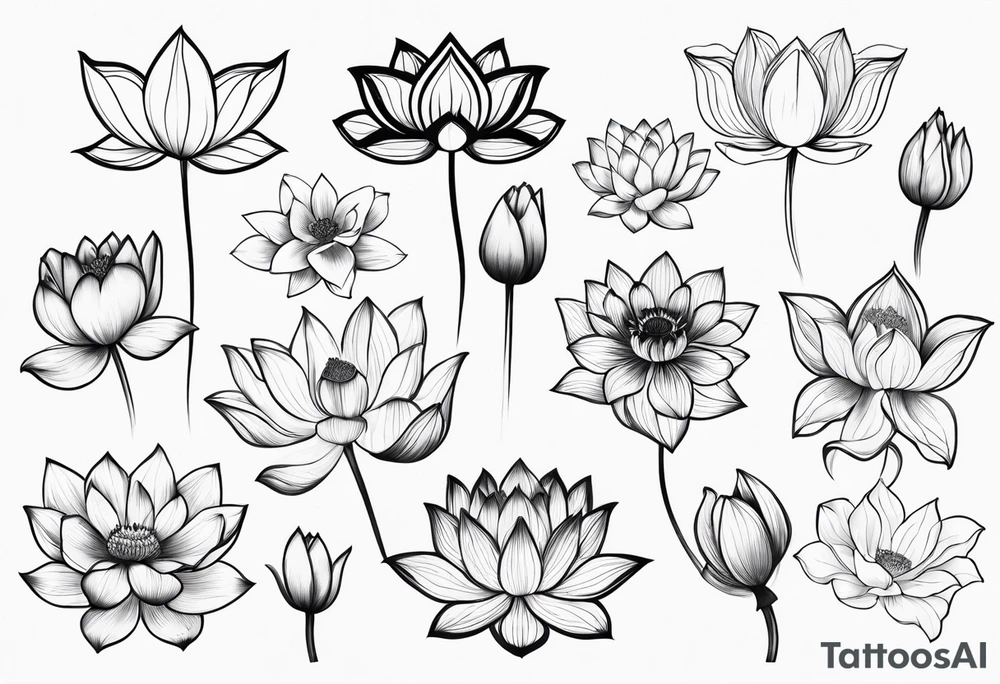 Variety of lotus flowers flash sheet tattoo idea | TattoosAI