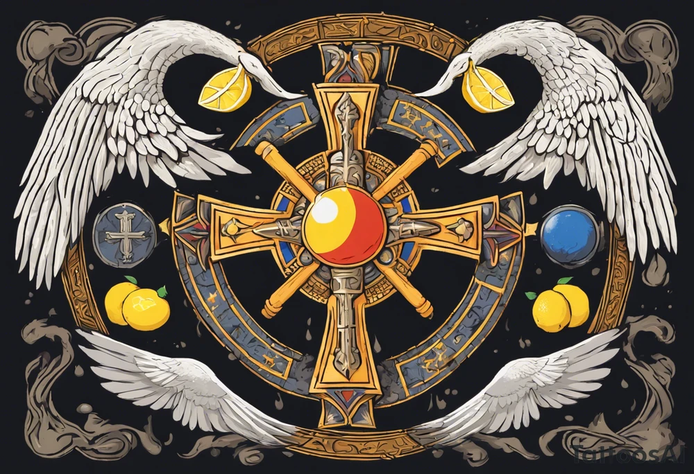 A medieval cross with an assyrian flag in the middle. A crown om top of ...